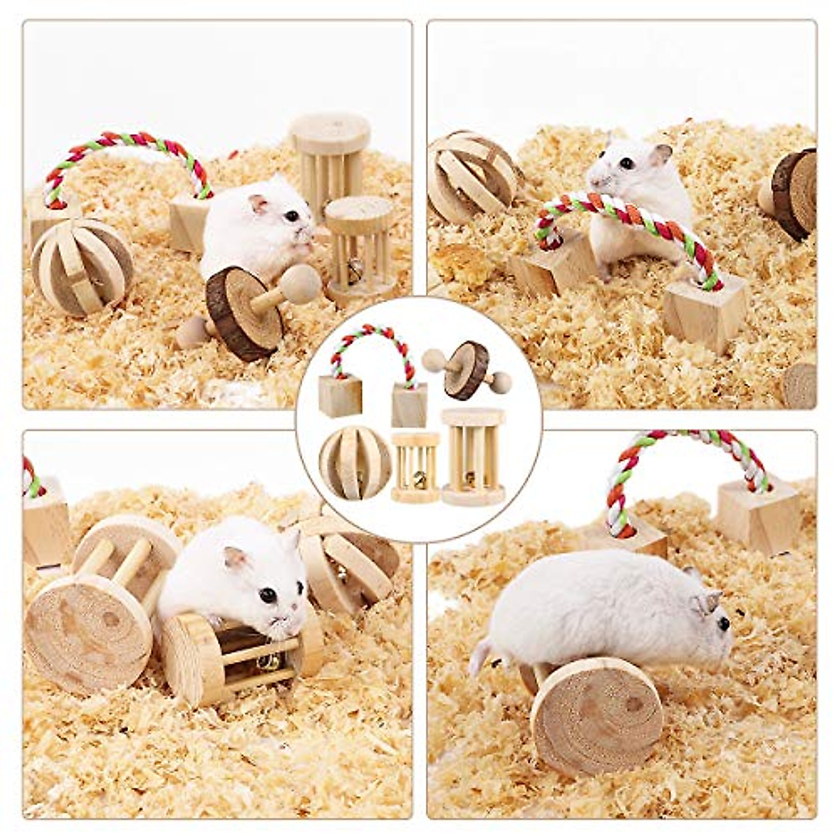 POPETPOP 5PCS Hamster Chew Toys Natural Wooden Play Toy Exercise Bell Roller Teeth Care Molar Toy for Bunny Rabbits Rats Gerbils and Other Small Animals
