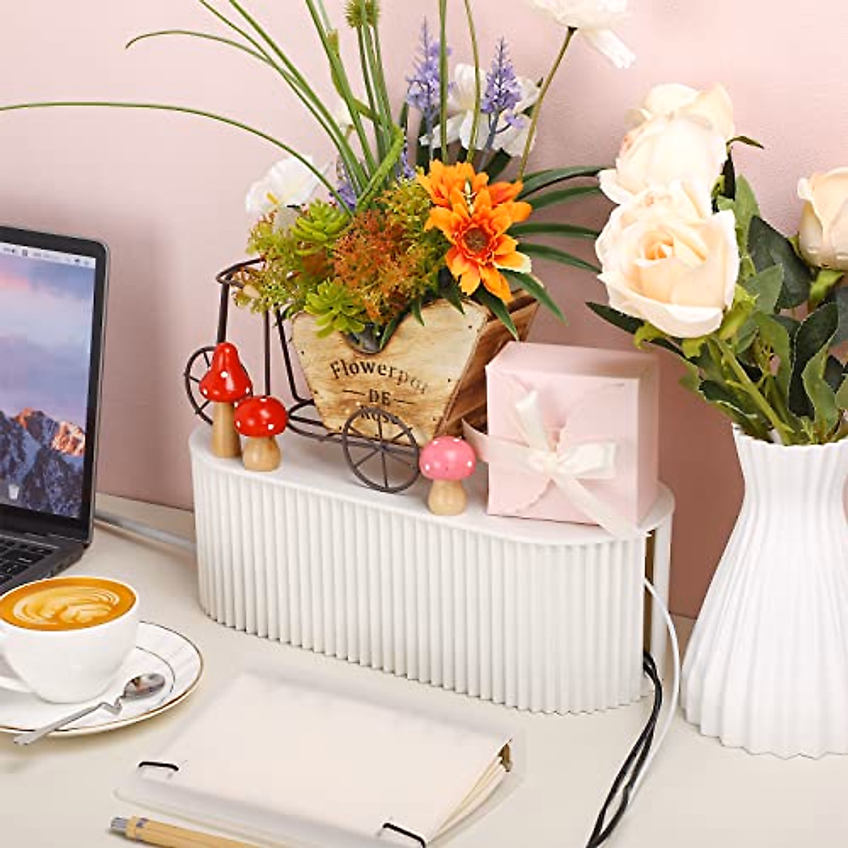 2 Pcs Cable Management Box Cord Organizer Box Cord Box Hider with 46 Pcs Cable Management Kit, Wire Box for Power Strips, Surge Protectors, Desk, TV Computer Wires, Home Office (White)