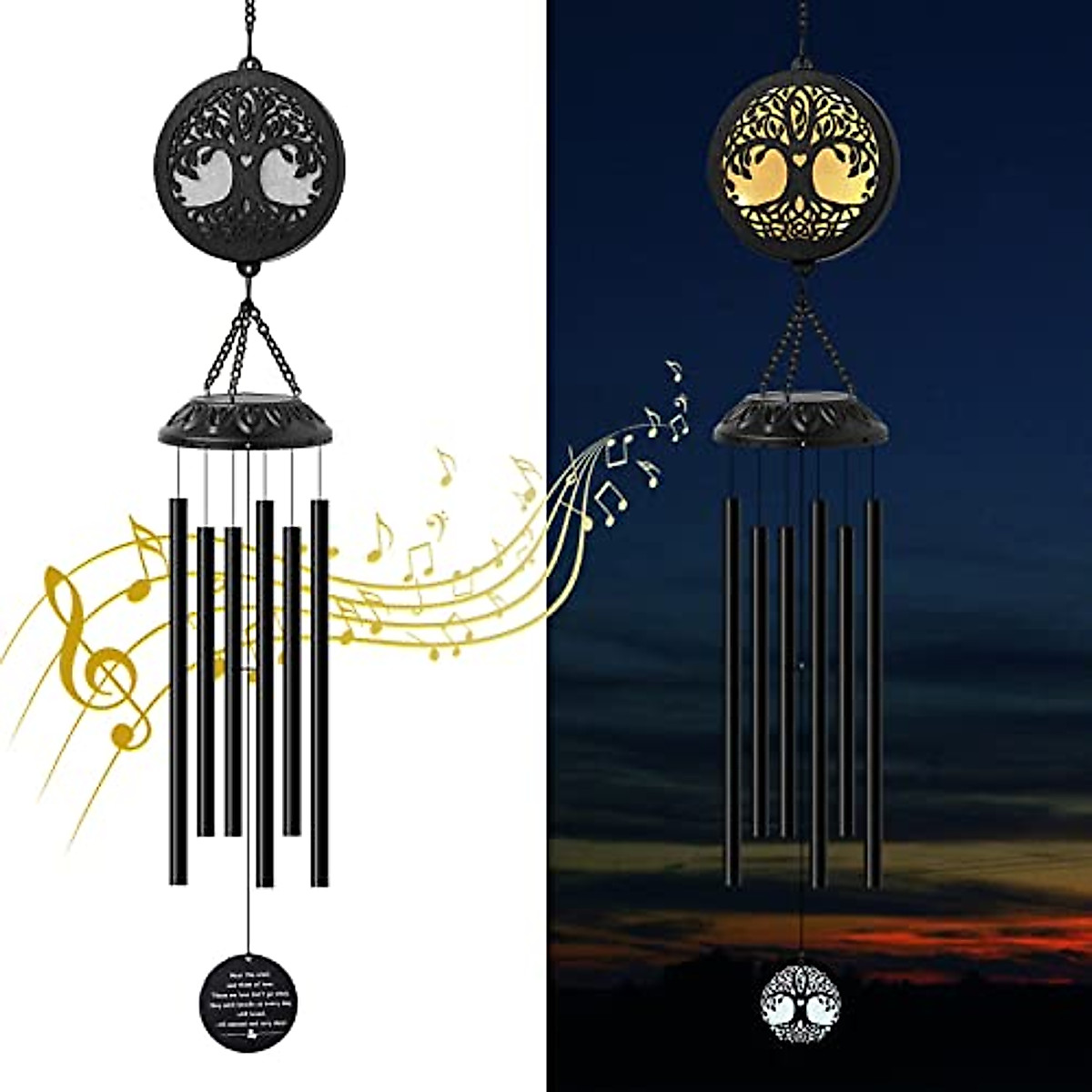 SUNGIRLS Solar Tree of Life Wind Chimes, Memorial Wind Chimes Lost Loved Ones Engraved Tree of Life, Sympathy Wind chimes Gift for Mother, Wife,Grandma Solar Wind Chimes Garden Home Yard Hanging Decor