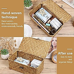 IMIKEYA Handwoven Seagrass Storage Bins, 9X5X3 Inch Basket with Lid Lightweight Storage Box for Nursery Hampers Home Shelves Bathroom Organizer Bins