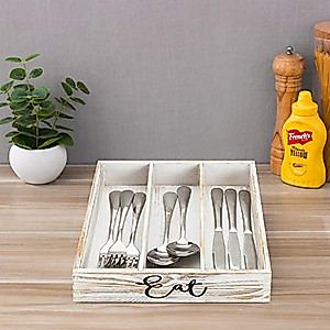 MyGift 3 Slot Shabby Whitewashed Wood EAT Tabletop Dining Utensil Cutlery Tray, Cabinet, Drawer Storage Organizer for Forks, Knives and Spoons