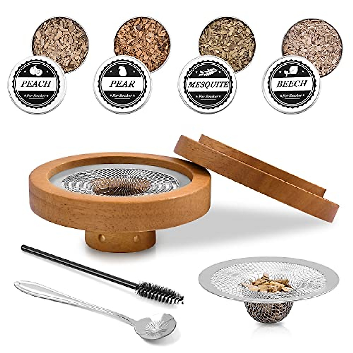 Cocktail Smoker Kit And 4 Pack Of Peach, Pear, Beech, & Mesquite Wood Chips - Cocktail Smoker Kit & Chips For Old Fashioned Cocktails, Whiskey, & Bourbon