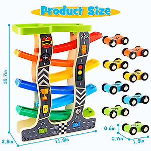Lewo Wooden Montessori Car Ramp Toys for Toddlers 1-3, Race Car Tracks Baby Toys with 8 Mini Car and 1 Garage, Christmas Birthday Gifts for Toddlers Boys and Girls 1 2 3 4 Years Old