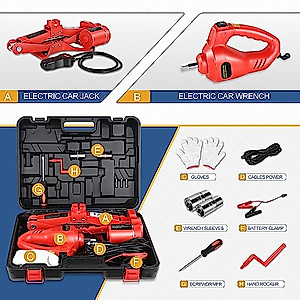 Universal Electric Scissor Lift Car Floor Jack Kit with Storage Case and Powerful Impact Wrench, 3 Ton Capacity, 12V, Lifting Range 4.7" (Min) to 13.7" (Max), Red