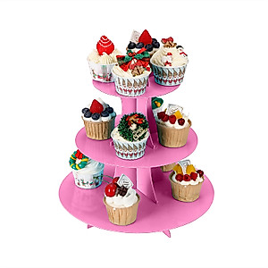 YLDW 3-Tier Cupcake Stand, Cake Stand Holder, Tiered DIY Cupcake Stand Tower for Dessert Table Displays, Birthday Theme Party Favors Decoration, Floral Tea Party, 12" W x 12.8" H, Pink