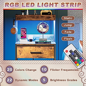 NASHZEN Nightstand 3 Drawer Dresser with LED Lights and Charging Station, Vertical Side Table with Fabric Drawers, End Table, Bedside Table and Dresser for Bedroom, Hallway, Entryway (Rustic Brown)