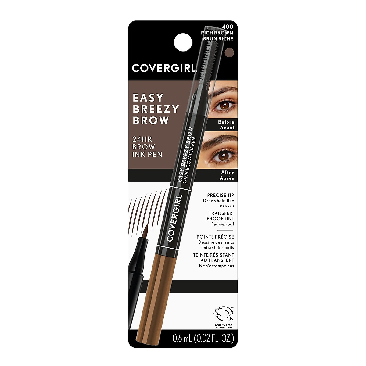 COVERGIRL - Easy Breezy Brow 24HR Brow Ink Pen™, dual applicator, ultra-precise felt-tip, spoolie comb, water-resistant, lightweight, 100% Cruelty-Free