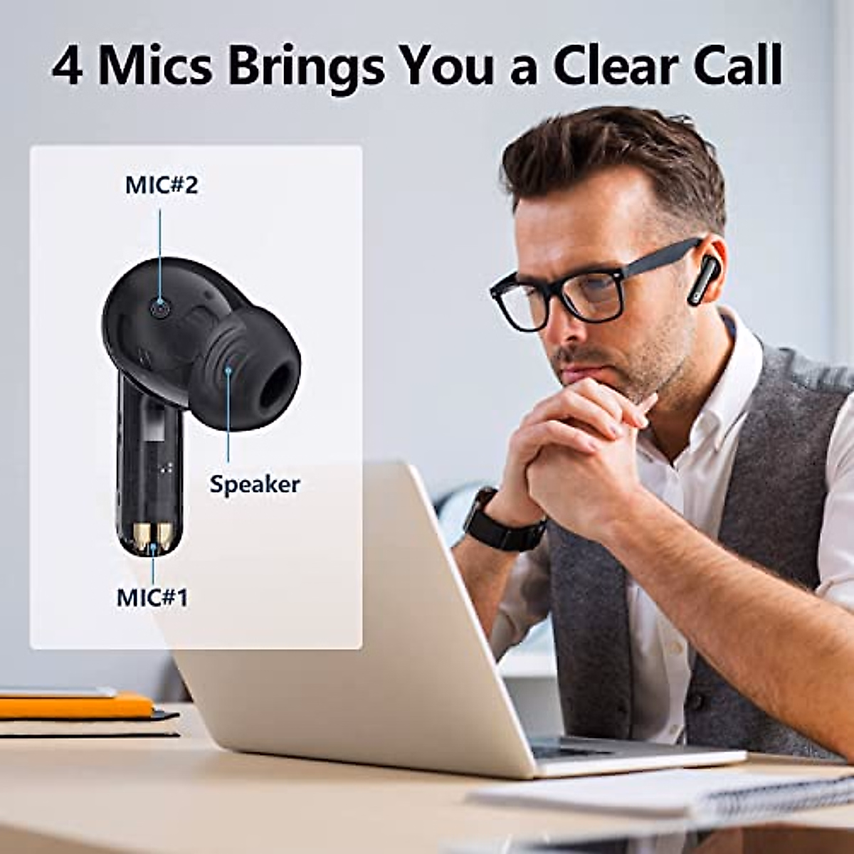 A40 Pro Wireless Earbuds, 50Hrs Playtime Bluetooth Earbuds Built in Noise Cancellation Mic with Charging Case, Bluetooth Headphones with Stereo Sound, IPX7 Waterproof Ear buds for iPhone and Android