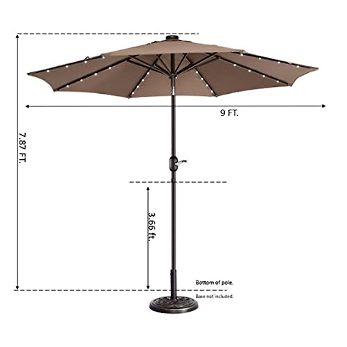 VILLACERA 83-OUT5421B, Beige Lighted Patio Shade – 9 Ft Outdoor Umbrella with 19lbs Weighted Base, Solar Powered LED, and Push Button Tilt – Backyard Canopy (Brown)