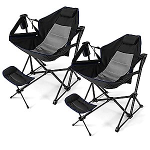 Tangkula Set of 2 Hammock Camping Chair, Portable Camp Chair with Retractable Footrest, Adjustable Back, Headrest, Cup Holder & Carry Bag, Outdoor Folding Lawn Chair for Camping, Fishing, Hiking