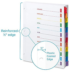 Blue Summit Supplies 12 Month Dividers for Binders, Jan to Dec Monthly Tabs, Includes Customizable Table of Contents Index, 6 Sets