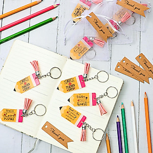 Bucherry 50 Sets Teacher Pencil Keychains Teacher Appreciation Gifts Bulk Acrylic Pencil Shaped Keychain with Tassel Organza Bags for School Women Men Teachers Gifts