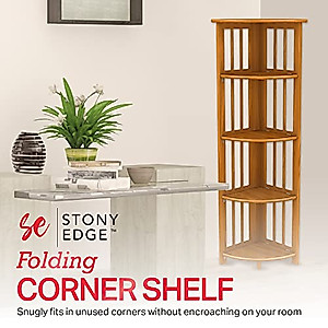 Stony Edge Folding Corner Shelf Easy Assembly - 51”x12.5”x12.5” 5 Tiers - Perfect Wooden Corner Bookshelf Organizer for Books and Decorative Items. (Honey Oak)
