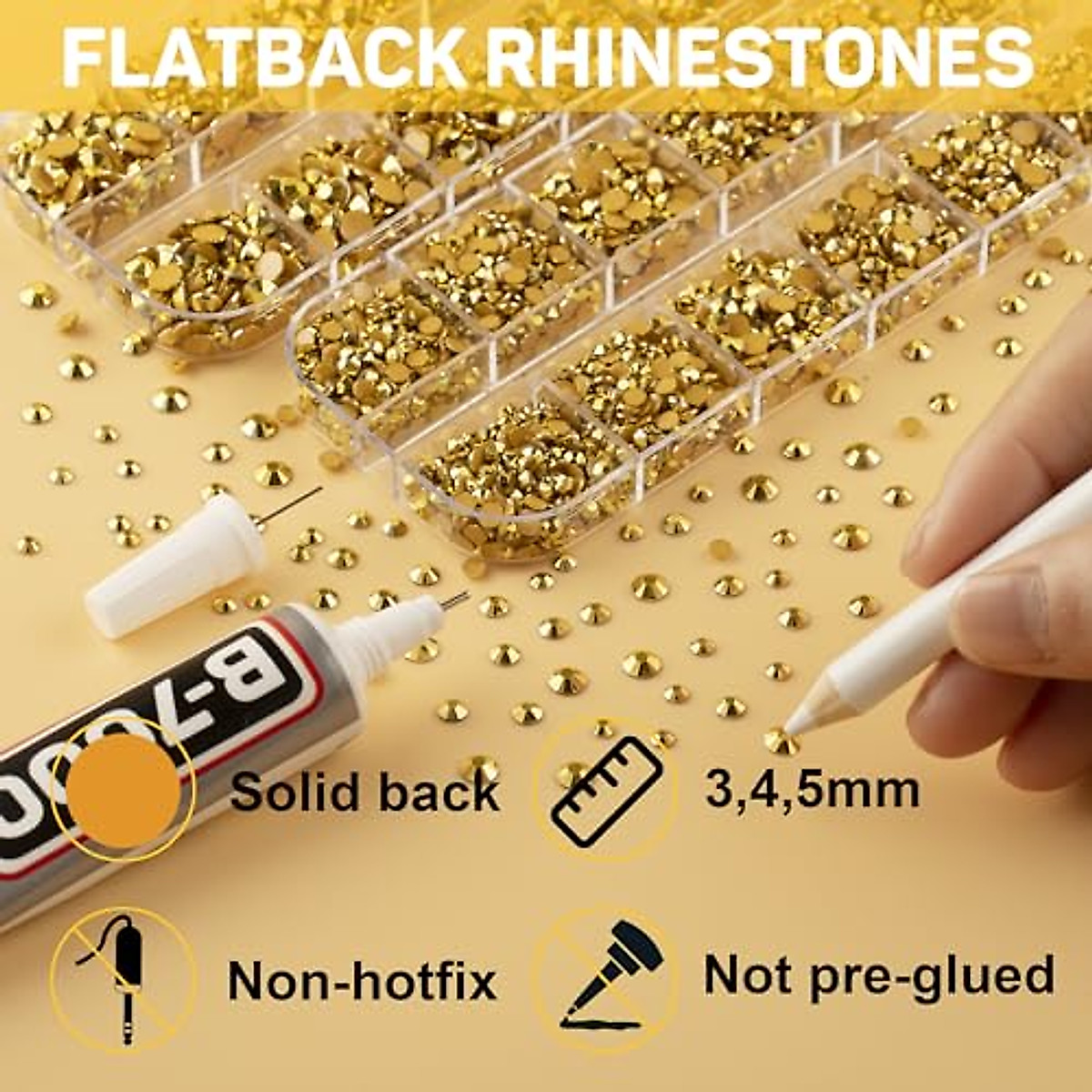B7000 Gem Glue with 11000Pcs Gold Rhinestones for Crafts Clothes Decoration Clothing Fabric, Bright Gold Flatback Rhinestones for Shoes Tumblers, Flat Back Gluefix Rinestones Bedazzle Kit 2/3/4/5 mm