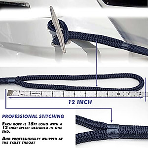 INNOCEDEAR 2 Pack Premium Navy Blue Dock Lines - 15' / 25'/35' with Eyelet.Double Braided Nylon Dock Line/Mooring Lines.Hi-Performance Marine Boats Ropes