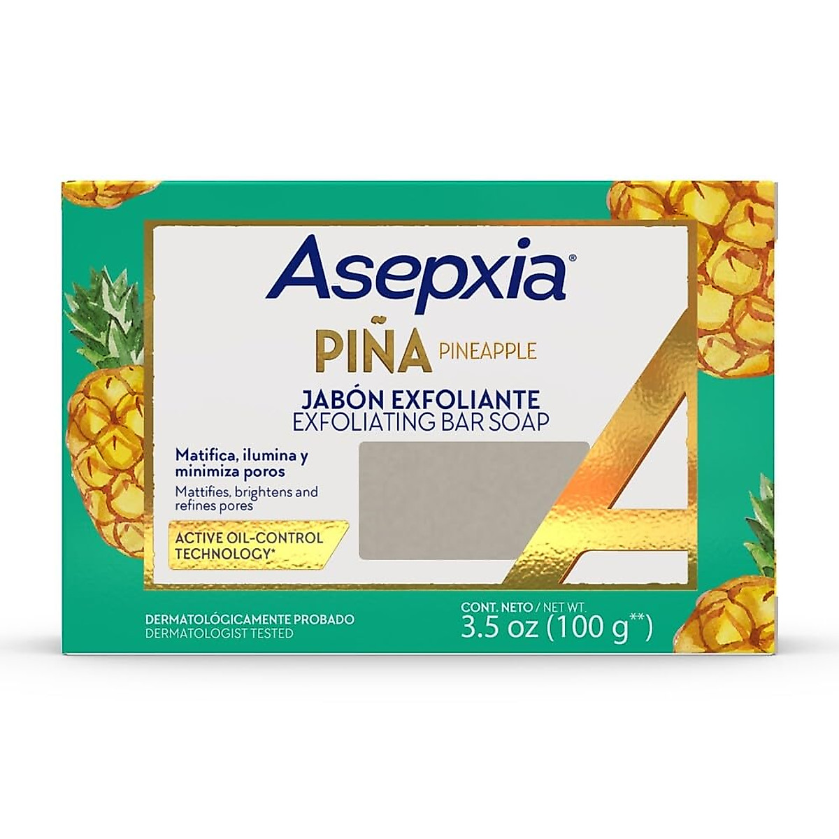 Asepxia Bar Soap, Non-Abrasive Exfoliating Facial Cleanser with Natural Pineapple Enzyme & Agave Extract, Pore Purifying & Brightening Face Wash for Oily Skin, 4 oz.