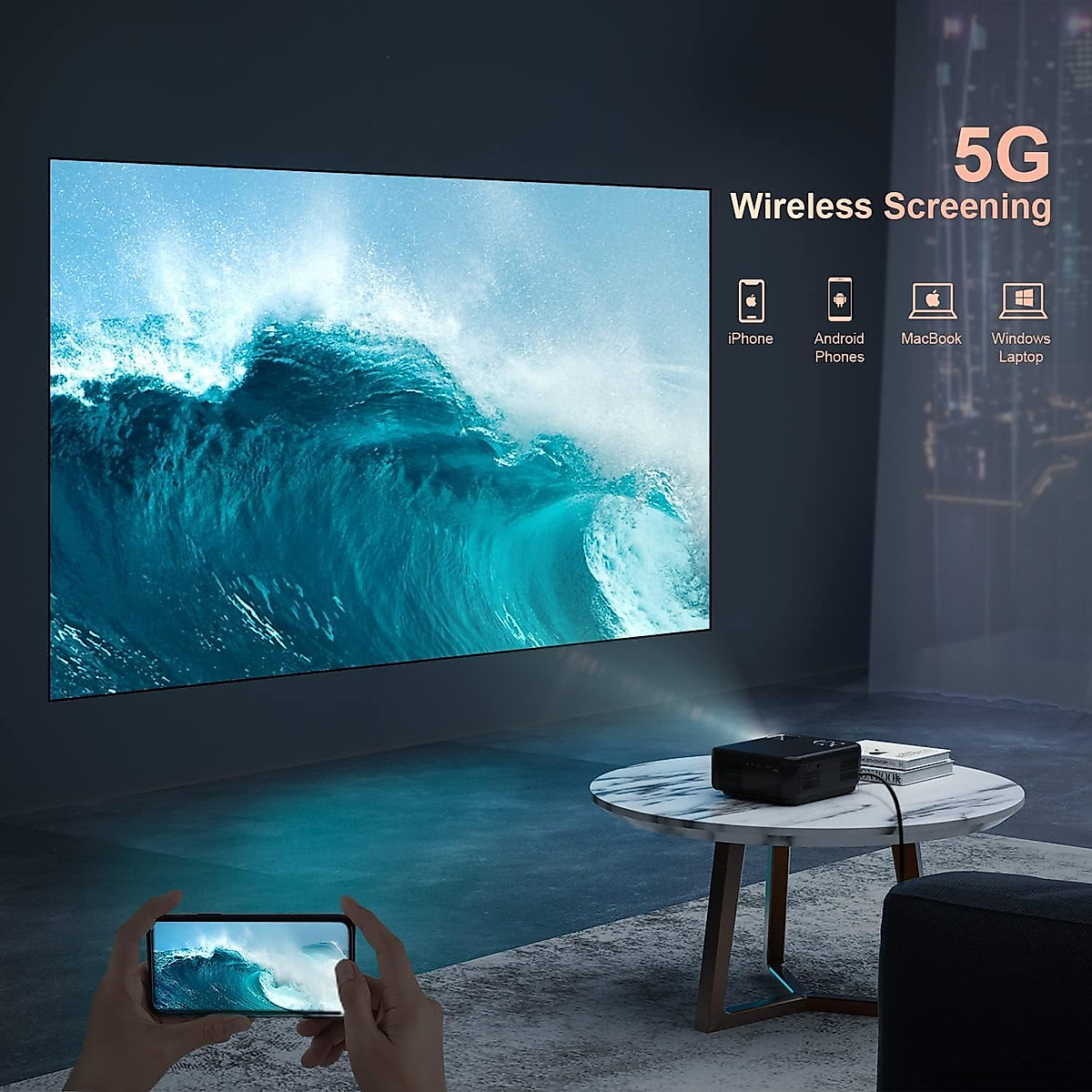 Tkisko Projector with Wifi and Bluetooth, 700 ANSI Full HD 1080P Projector 4K Supported, Portable Outdoor Movie Projector, 4D/4P Keystone & 50%-100% Zoom, Smart Projector for Phone/PC/TV Stick