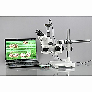 AmScope SM-3T-54S-5M Digital Professional Trinocular Stereo Zoom Microscope, WH10x Eyepieces, 7X-45X Magnification, 0.7X-4.5X Zoom Objective, 54-Bulb LED Light, Single-Arm Boom Stand, 110V-240V, Includes 5MP Camera with Reduction Lens and Software