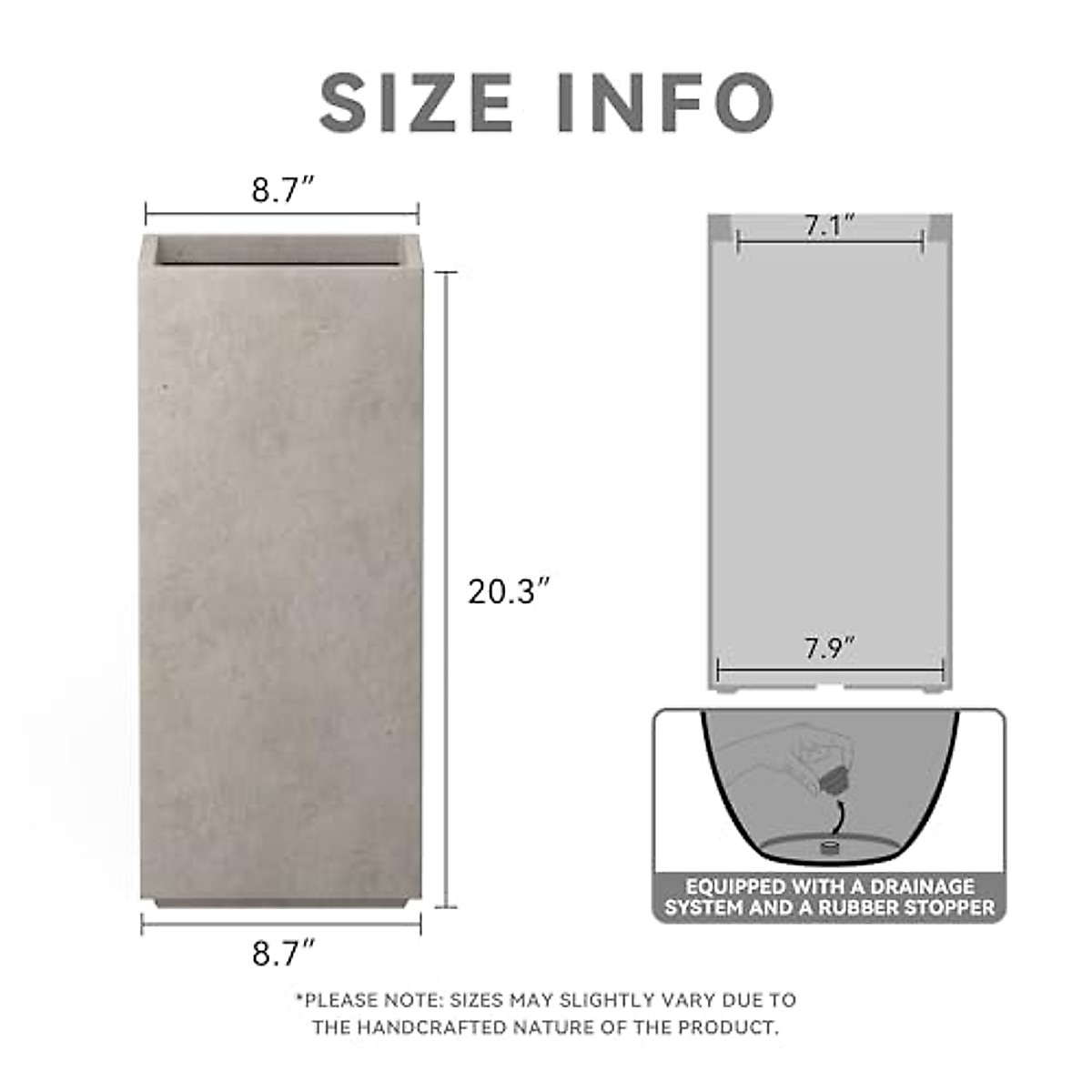 Kante 20.3" H Tall Rectangular Concrete Planter, Modern Square Diameter Plant Pot with Drainage Hole and Rubber Plug for Indoor Outdoor Home Patio Garden, Weatheted Concrete