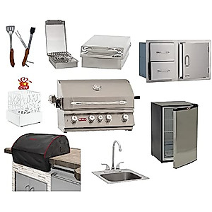 BULL GRILLS The Angus 30" Grill Natural Gas with Single Side Burner, Stainless Steel Sink,Grill Cover, Refrigerator, Door & Drawer Combo with 5 in 1 BBQ Tool Set | FREE Bio-Ethanol Table-top Fire pit