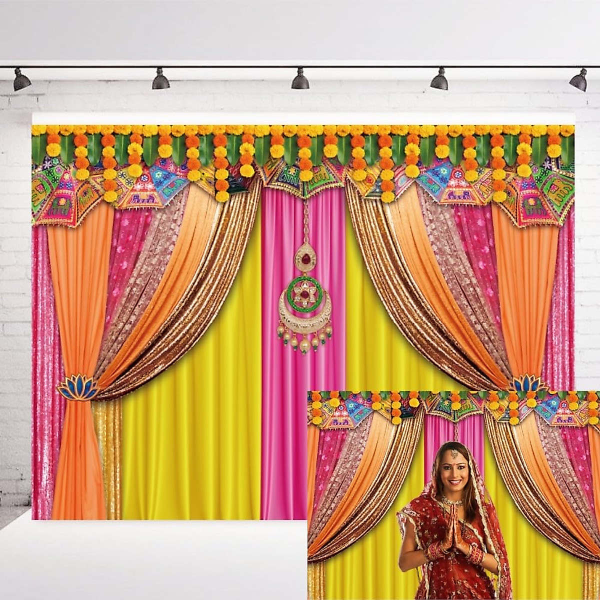 INRUI Indian Traditional Photography Background Diwali Pooja Colorful Curtain Decorations Indian Bridal Shower Wedding Party Photo Backdrop (7x5FT)