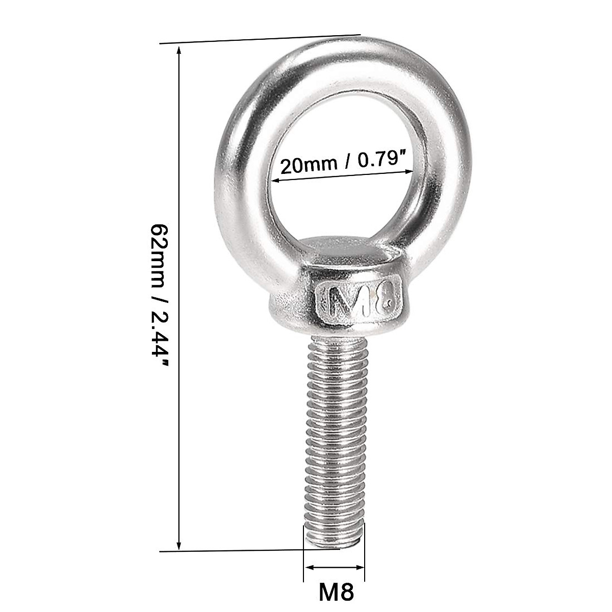 uxcell Lifting Eye Bolt M8 x 25mm Male Thread 304 Stainless Steel for Hanging, Pack of 5