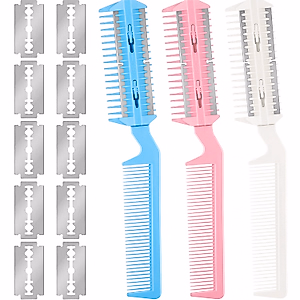 Maitys 3 Pcs Razor Comb with 10 Pcs Razors, Hair Cutter Comb Cutting Scissors, Double Edge, Slim Haircuts Tool