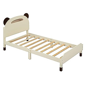 Prohon Wood Bed Frame Twin Size with Bear-Shaped Headboard & Motion Activated Night Lights, Platform Bed with 7.9" Underbed Storage, Cute Bedframe for Kids Boys Girls, No Box Spring Needed, Cream