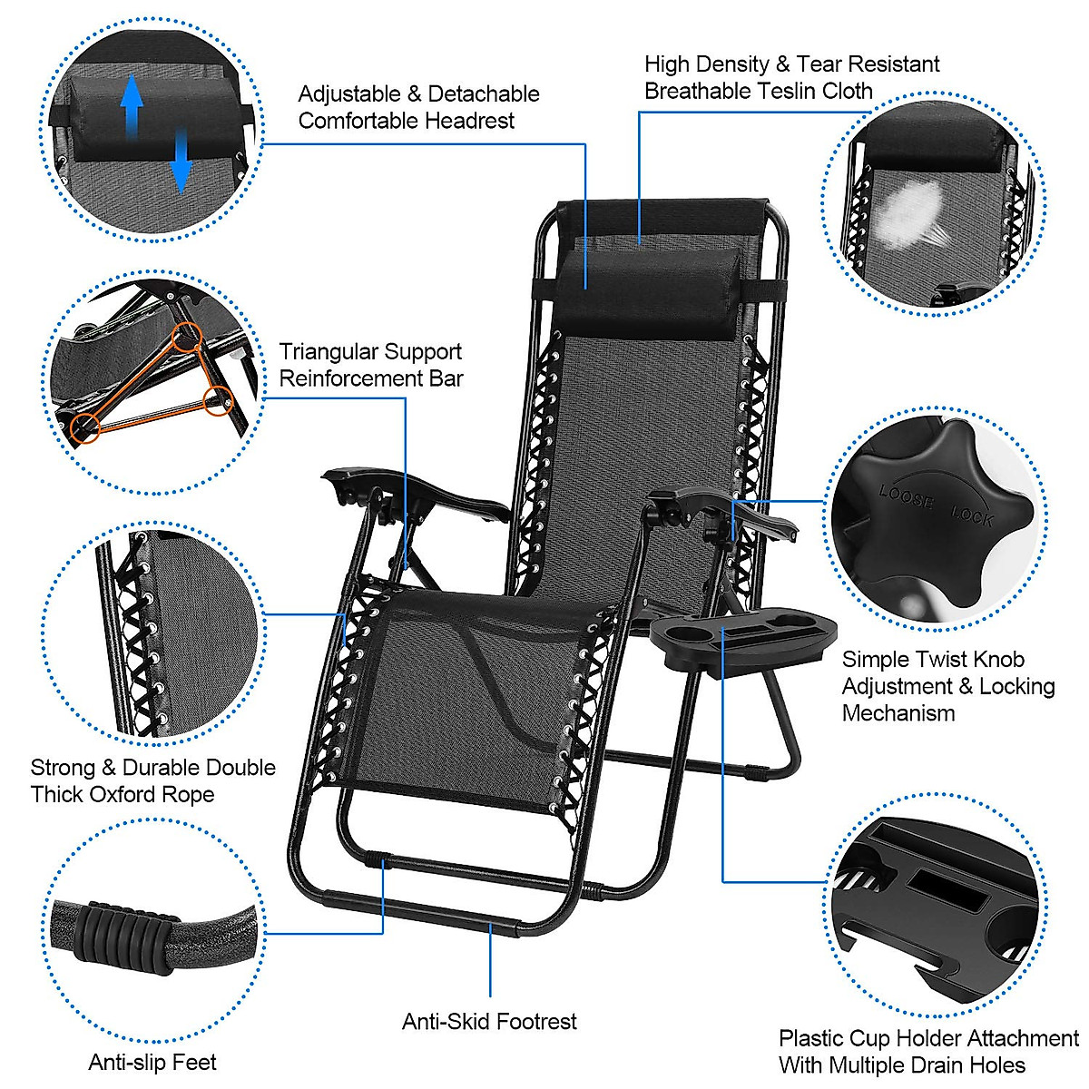 iMounTEK Set of 2 Adjustable Zero-Gravity Reclining Outdoor Lounge Chairs w/Pillows & Cup Holder Side Tray, Supports 330lbs, for Patio, Porch, Deck, Poolside, Beach, Lawn, Yard - Black/Blue/Brown/Tan