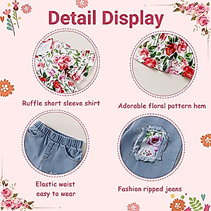 Hearyoo Baby Girl Clothes Infant Toddler Denim Ruffle Sleeve Floral Shirts Tops Ripped Jeans Pants Sets Summer Girl Outfits Red Flower 18-24 Months