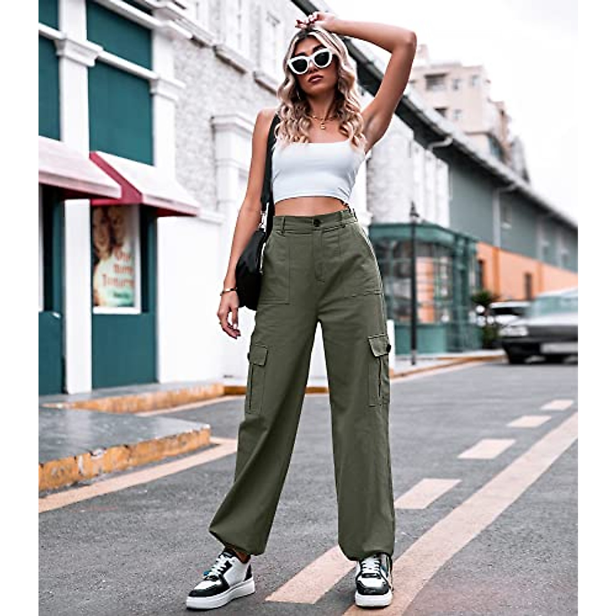 ZMPSIISA Women High Waisted Cargo Pants Wide Leg Casual Pants 6 Pockets Combat Military Trousers(Green,Medium)