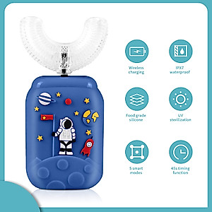 Kids U Shaped Toothbrush, Kids Automatic Toothbrush with 3 Brush Heads, 360 Ultrasonic Automatic Toothbrush Kids with 5 Modes, Ipx7 Waterproof Whole Mouth Toothbrush with Smart Timer