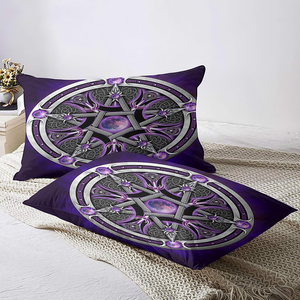 Bedding Sheet Bed Sets, Purple Wicca Wiccan Star Pentagram Pentacle Soft 3-Pieces Duvet Cover Set Comfy 1 Comforter Cover & 2 Pillowcases for All Season Full(79"×90")