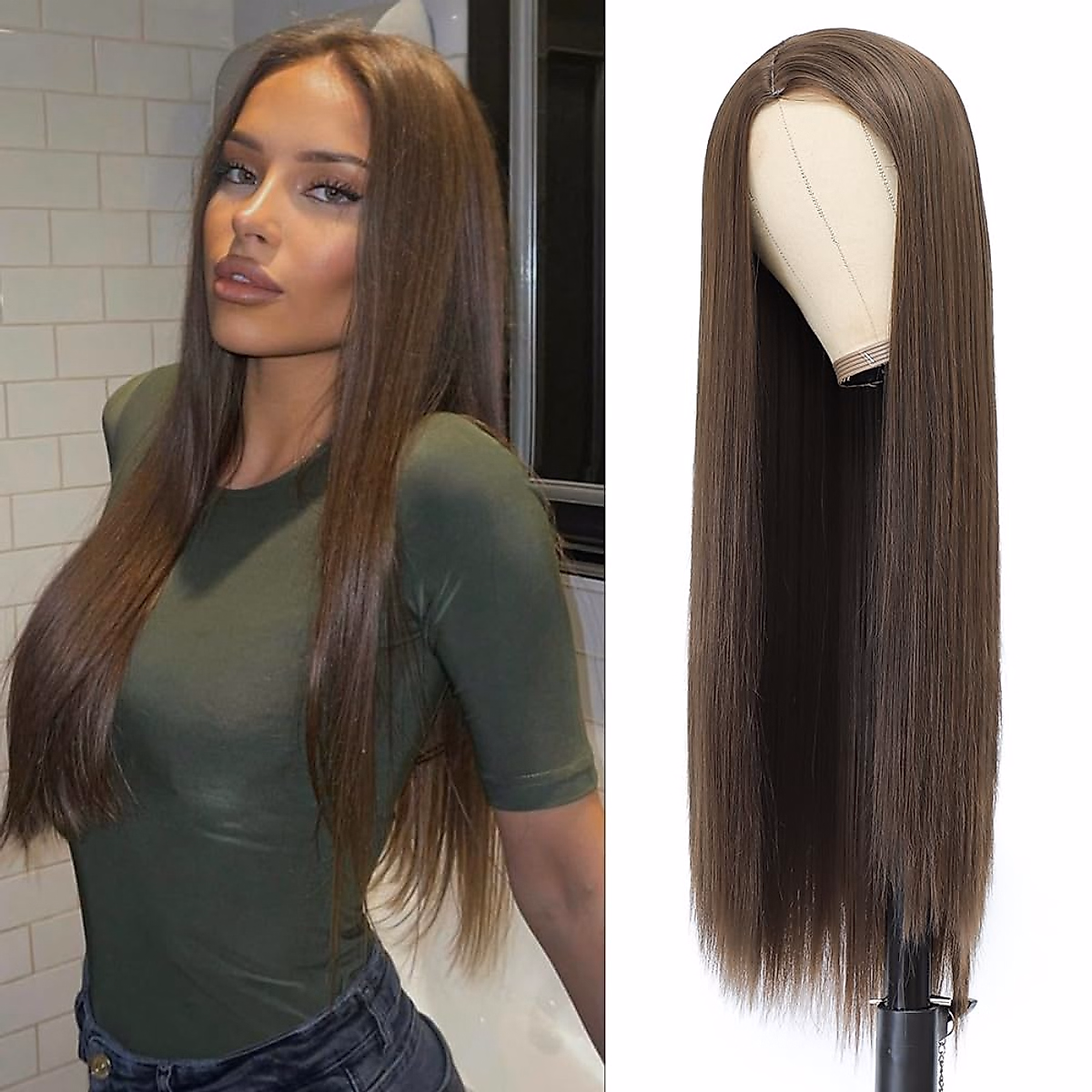 X-TRESS Long Straight Wigs Ash Brown Color Middle Part Brown Wig 28 inch Synthetic Wig for Daily Party