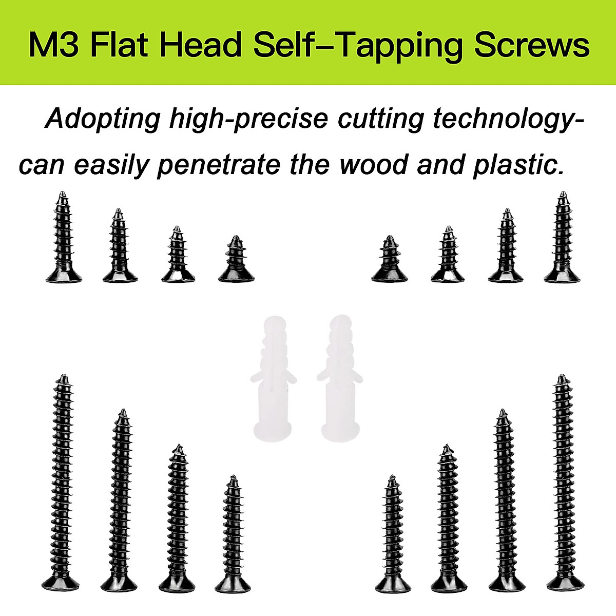 M3 Flat Head Wood Screws Assortment Fasteners Kit 420pcs,Phillips Drive Countersunk Head Self-Tapping Screws,Carbon Steel,Contains 20pcs M6 Screw Anchors