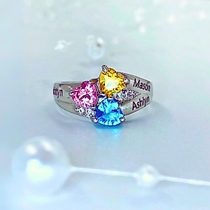 PaulaMax Jewelry Mothers Ring with 3 Birthstones – Custom Engraved Birthstone Ring for Women in Sterling Silver or White Gold – Personalized 3 Heart Birthstones, Size 7