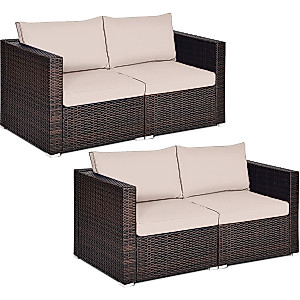 Tangkula 4 PCS Outdoor Wicker Corner Sofa Set, Patio Rattan Loveseat w/Removable Cushions, Sectional Sofa Set Additional Seats for Balcony Patio Garden Poolside (Brown)