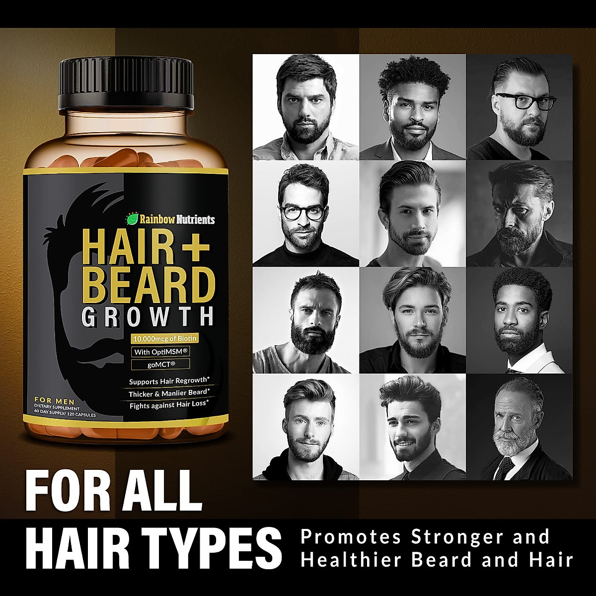 Hair + Beard Growth Vitamins for Men | Biotin 10,000mcg, Collagen, Patented OptiMSM®, goMCT®, Saw Palmetto | 60 Day Supply | Naturally Regrow Stronger, Thicker, Healthier Hair & Stops Hair Los
