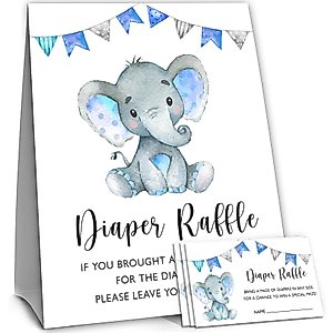 Yuzioey Boy Elephant Diaper Raffle Tickets and Sign, Elephant Baby Shower Game Cards, 50 Tickets and Matching Standing Sign, Diaper Raffle Tickets for Blue Elephant Baby Shower Invitations
