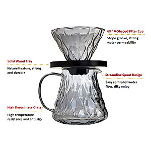 HYAXGM Pour Over Coffee Maker, 20oz/600ML Glass Carafe with Glass Coffee V60 Paper Filter 100 Sheets，Glass Pour Over Coffee Dripper With Wooden Base Stand，Drip Coffee Maker Set for Home or Office