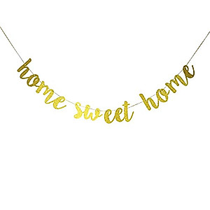 Starsgarden Glitter Gold Home Sweet Home Banner for Housewarming Patriotic Military Decoration Family Party Supplies Cursive Bunting Photo Booth Props Sign(Gold Sweet Home)