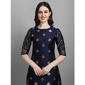 VredeVogel Women's Cotton Silk Jacquard Kurta Pant With Banarasi Silk Dupatta Large Navy Blue