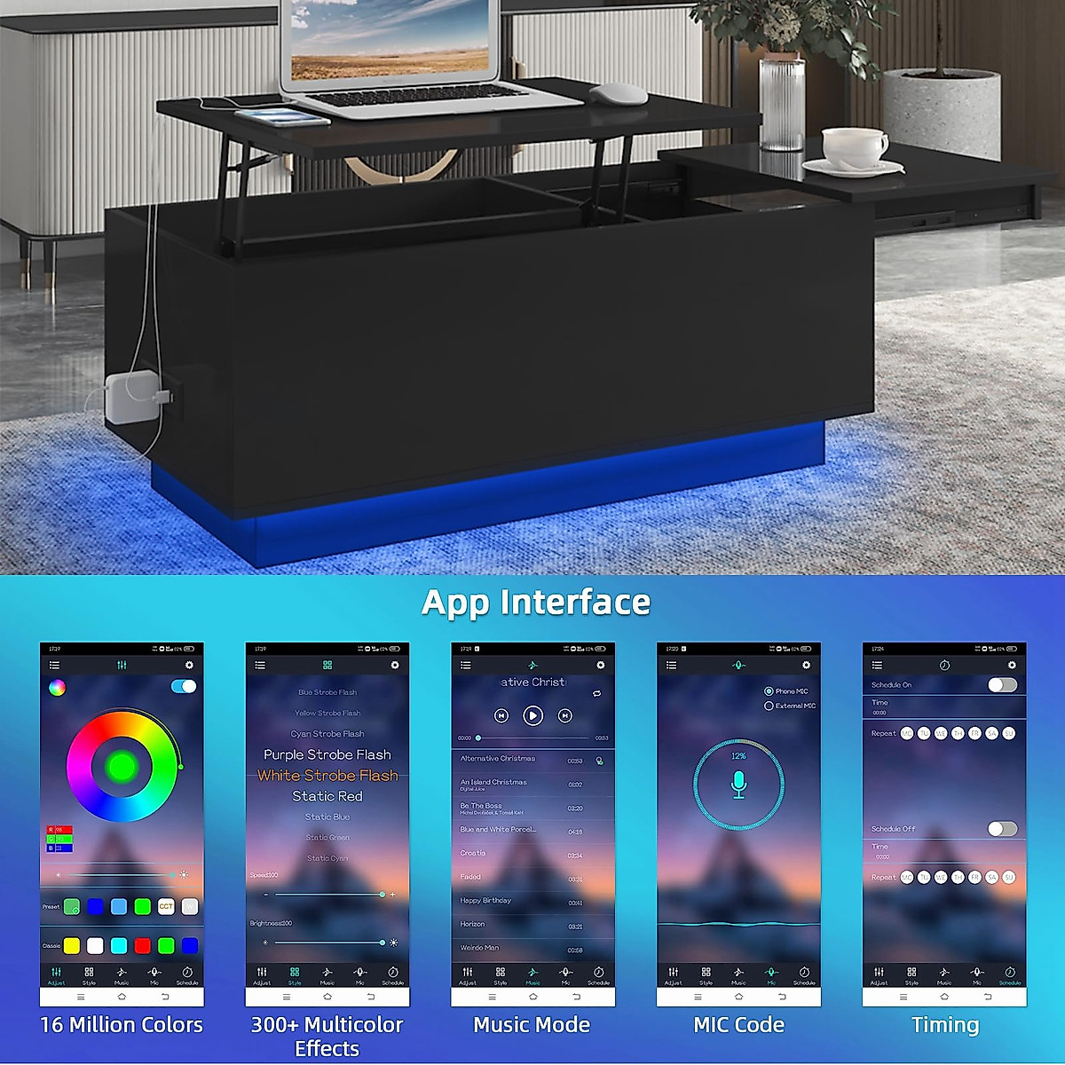 HOMMPA Lift Top LED Coffee Table, Black