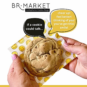 Cookie Treat Candy Bags, Cellophane, Smiley Face, Self Adhesive Plastic 100 COUNT 5x5 Inch Party Favors, Individual Bags for Gift Giving, Cookie Packaging, Cookie Wrappers, Cookie Gift Bag, BR Market