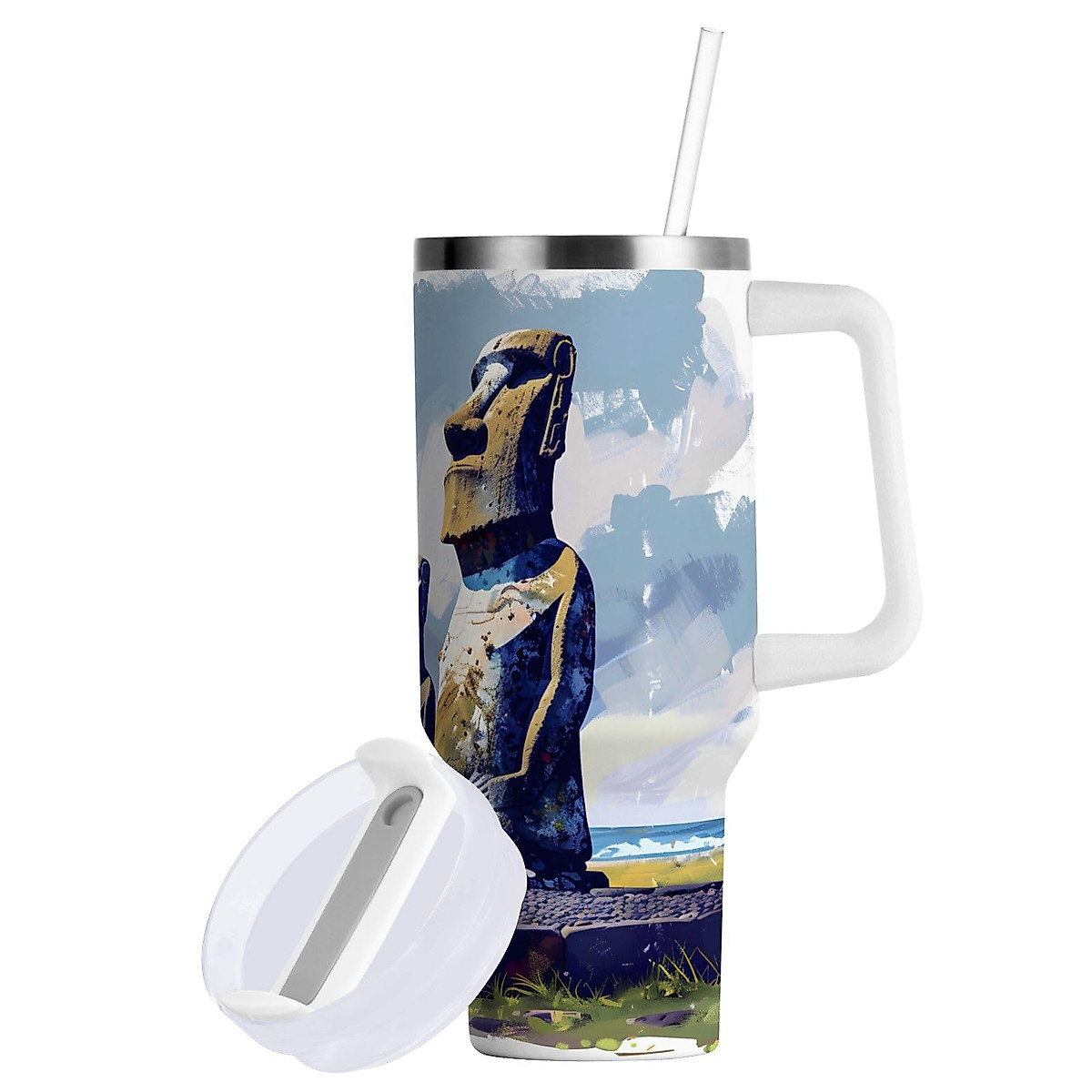 KUEJOP Stainless Steel Vacuum Insulated Tumbler Moai Statues Water Bottle with Lid and Straw