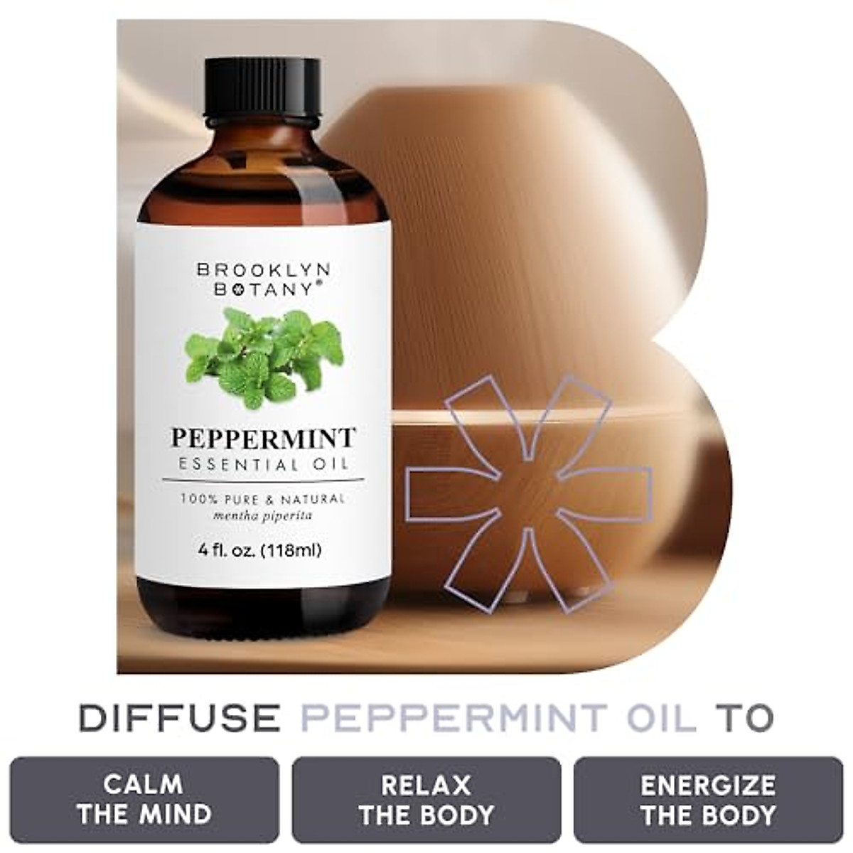Brooklyn Botany Peppermint Essential Oil - Huge 4 Fl Oz - 100% Pure and Natural - Premium Grade with Dropper - for Aromatherapy and Diffuser