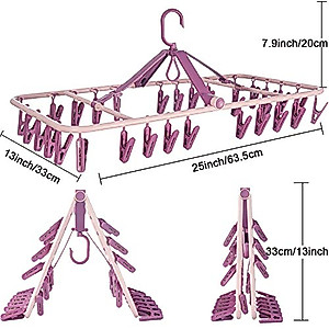 Foldable Clip Hangers with 32 Clothespin Drying Clips Underwear Hanger with Clips Plastic Laundry Clip Drip Drying Hanger for Socks Bras Lingerie Clothes Sturdy (Pink)