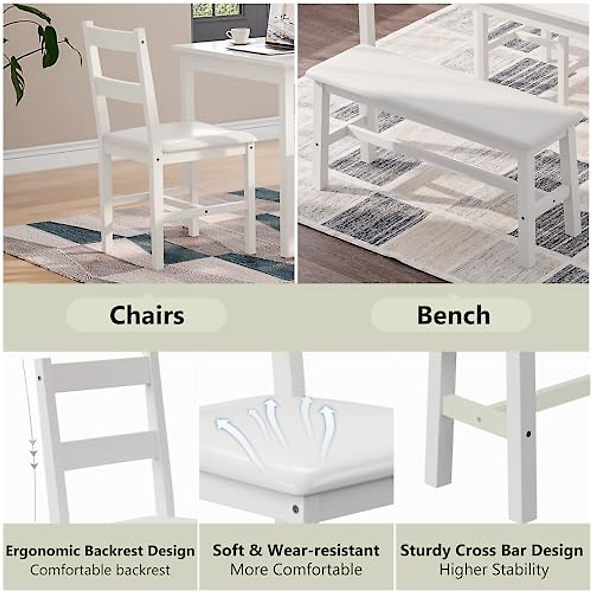 Dining Table Set for 4, 4 Piece Kitchen Table with Chairs and Bench, Wood Rectangular Dining Table Set with 2 PU Leather Chair and Bench for Small Spaces, Apartment, Breakfast, Living Room (White)