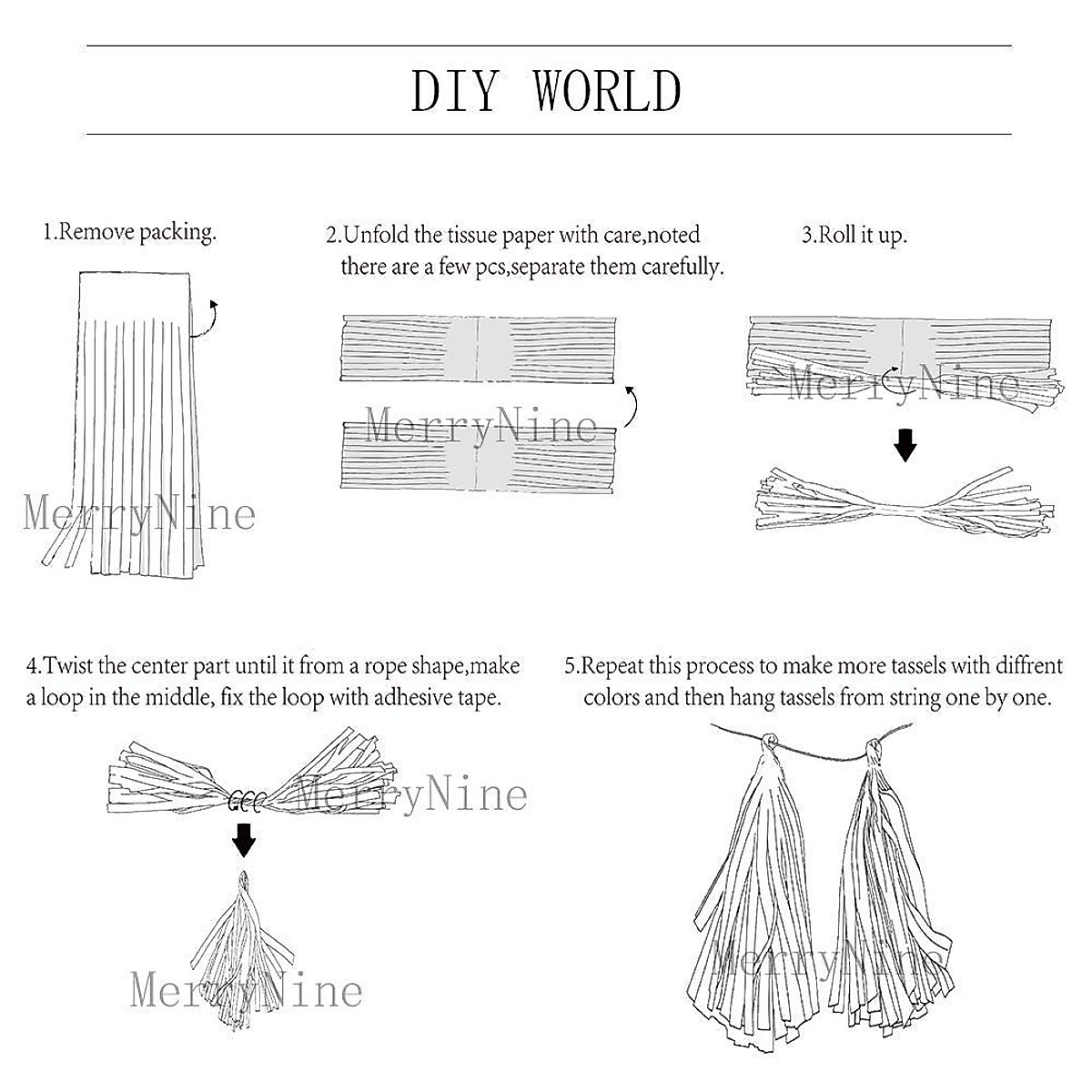 MerryNine Tissue Tassels Garlands, 40PCS Tassels, 19.5 ft Long Tassels, for Halloween, Mother's Day,Wedding, Baby Shower, Event & Party Supplies Decoration (Gold/Silver/Black/White Set)