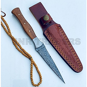 JNR Traders Handmade Damascus Knife Double Edge Arkansas Toothpick Knife Fixed Blade Knives with Leather Sheath 4.5 inch 3656